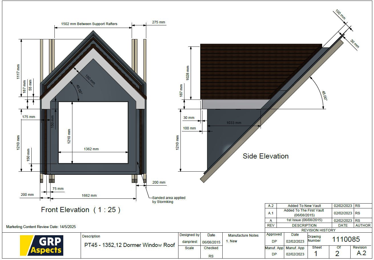 Technical Drawing: PT45 - 1352,12 Dormer Window Roof - GRP Aspects